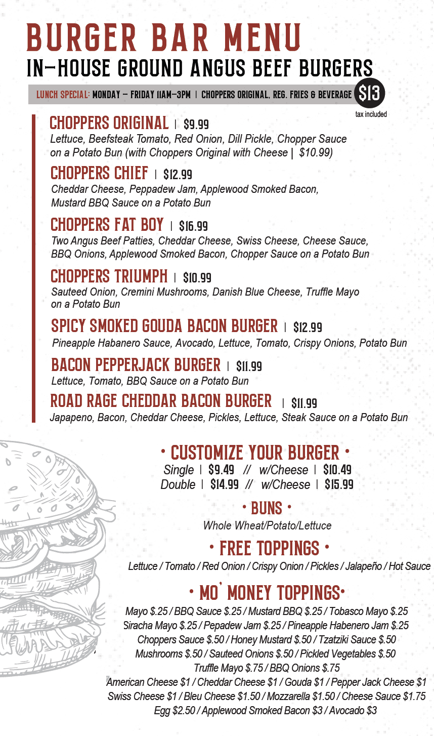 Menu | Choppers Burger Bar